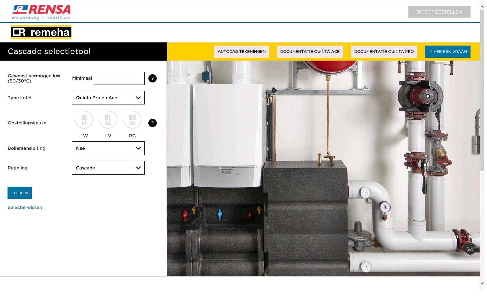 Remeha cascade selectietool geïntegreerd in webshop Rensa